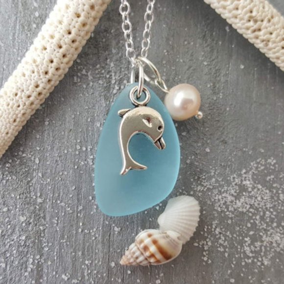 Yinahawaii | Jewelry | Turquoise Blue Sea Glass Dolphin Pearl Necklace ...